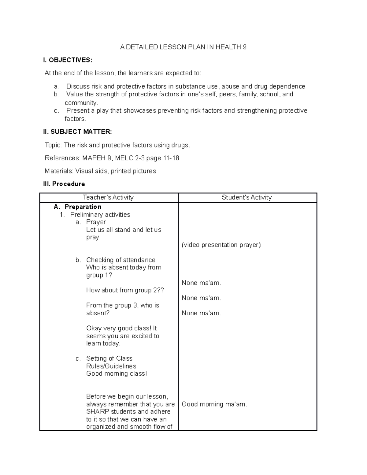 A Detailed Lesson Plan in Health 9: Risk & Protective Factors - Studocu