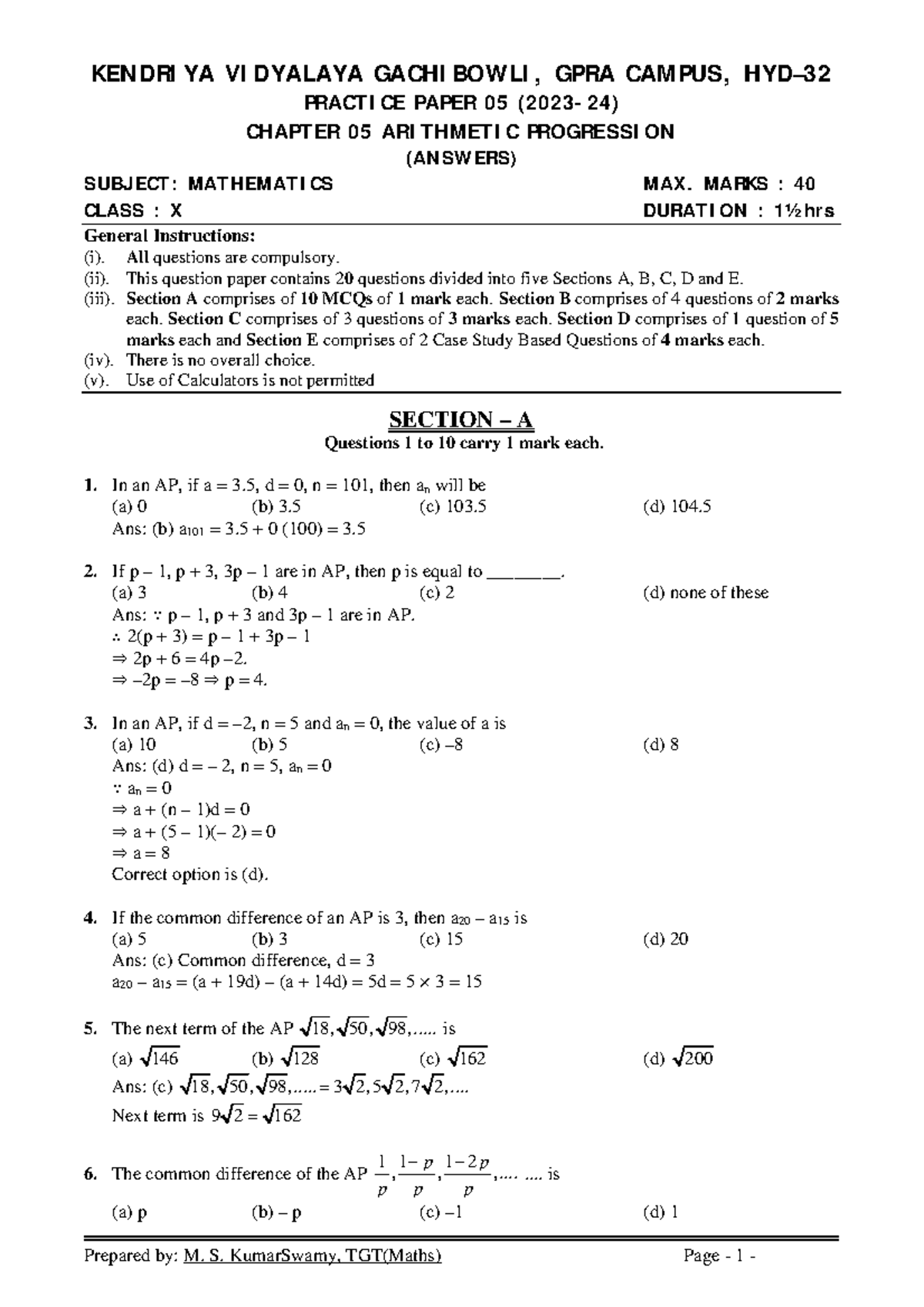 Maths Class X - Chapter 05 AP Practice Paper 05 Answers (2023-24) - Studocu