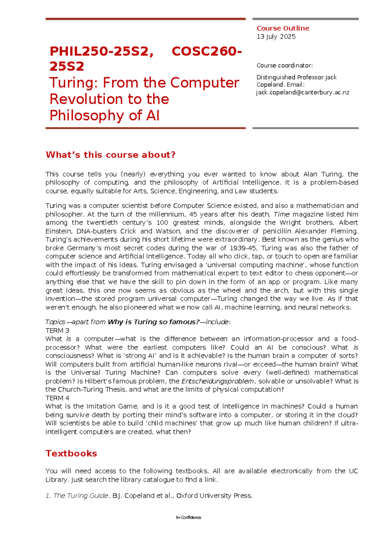 COSC260 Course Outline: Turing and the Philosophy of AI - Studocu