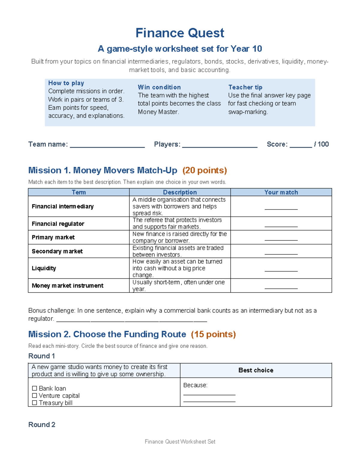 Year 10 Finance Quest: Interactive Game Worksheet Set - Studocu