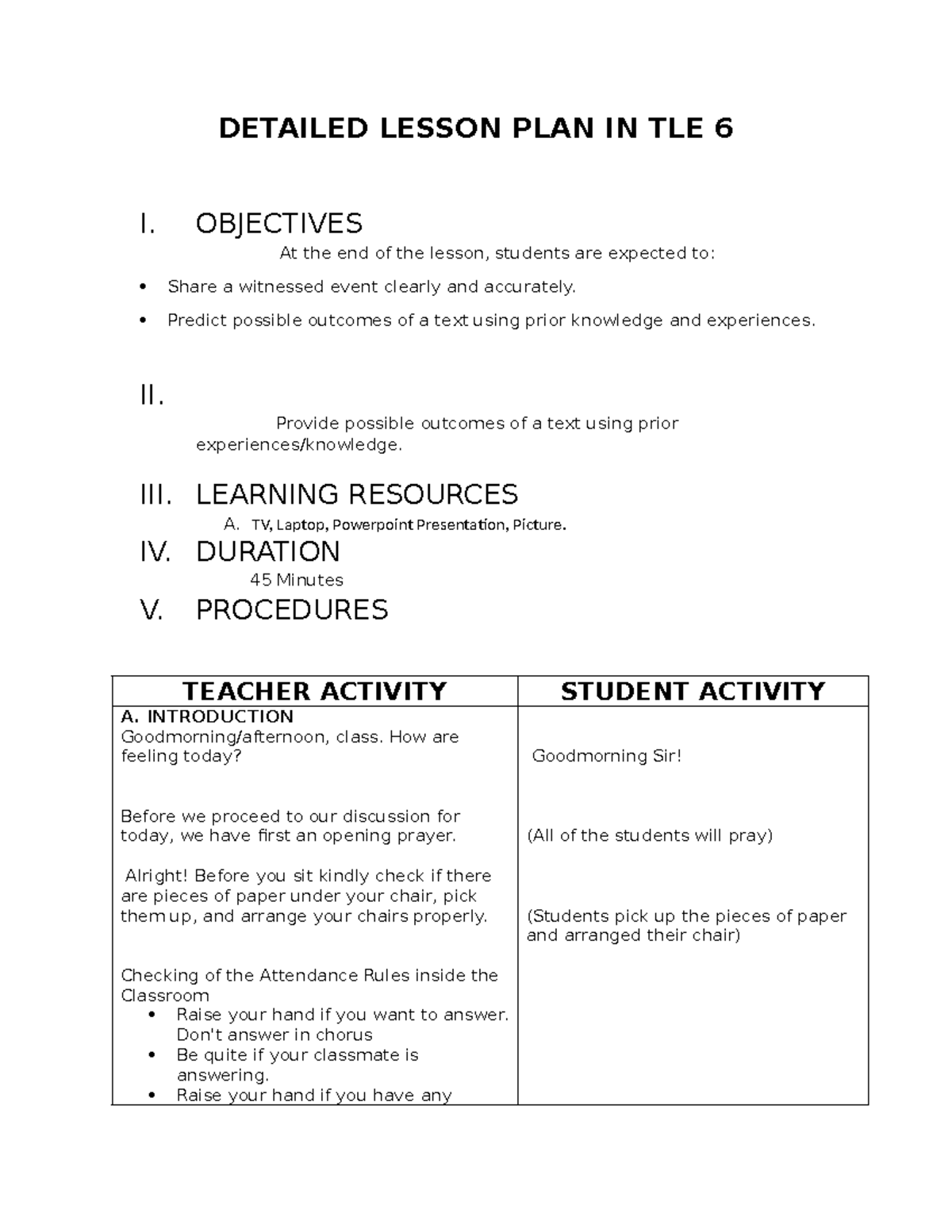 Detailed Lesson Plan for TLE6: Creativity with Bamboo, Wood & Metal ...