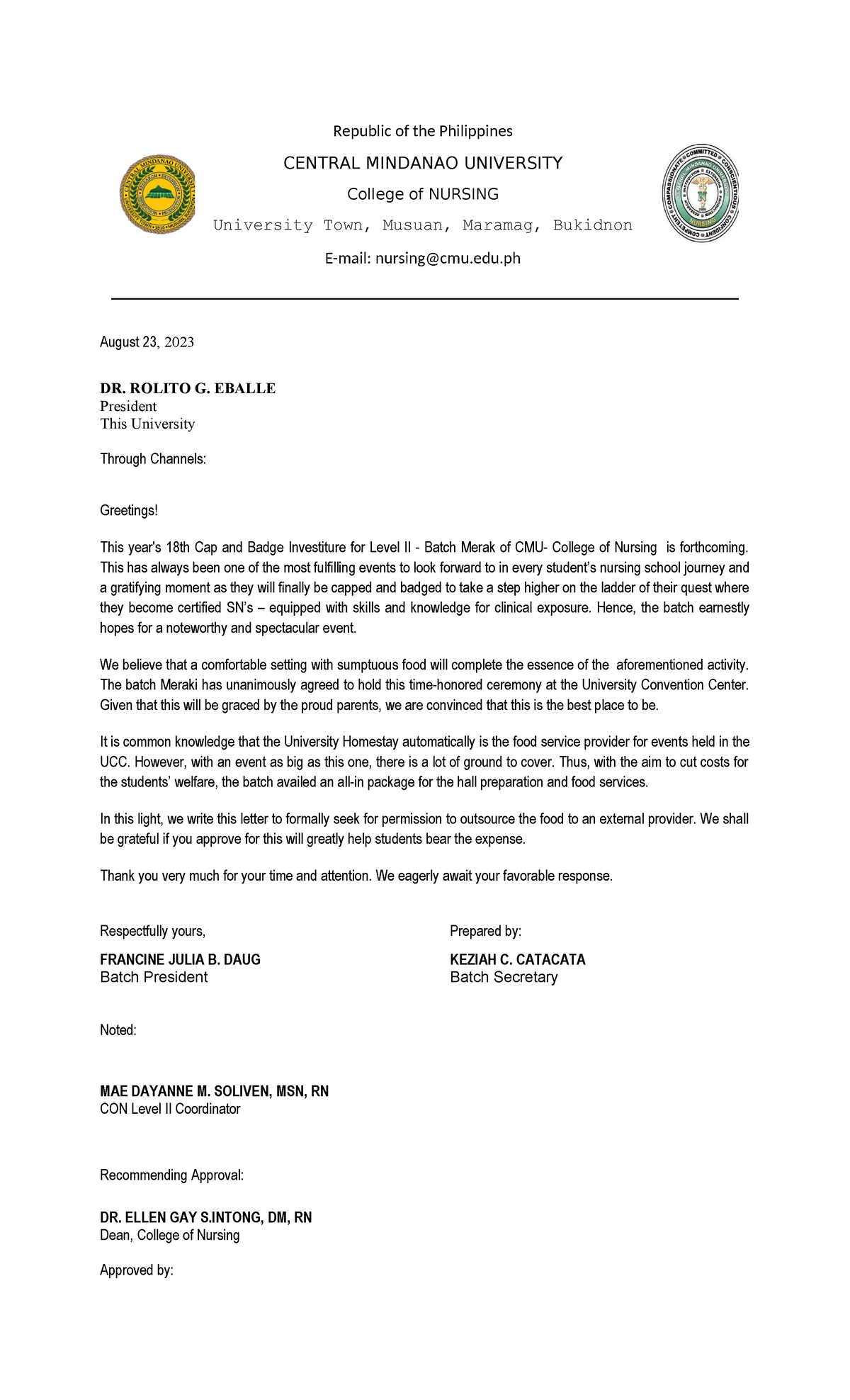 CBI UCC - Sample Letter - Republic of the Philippines CENTRAL MINDANAO ...
