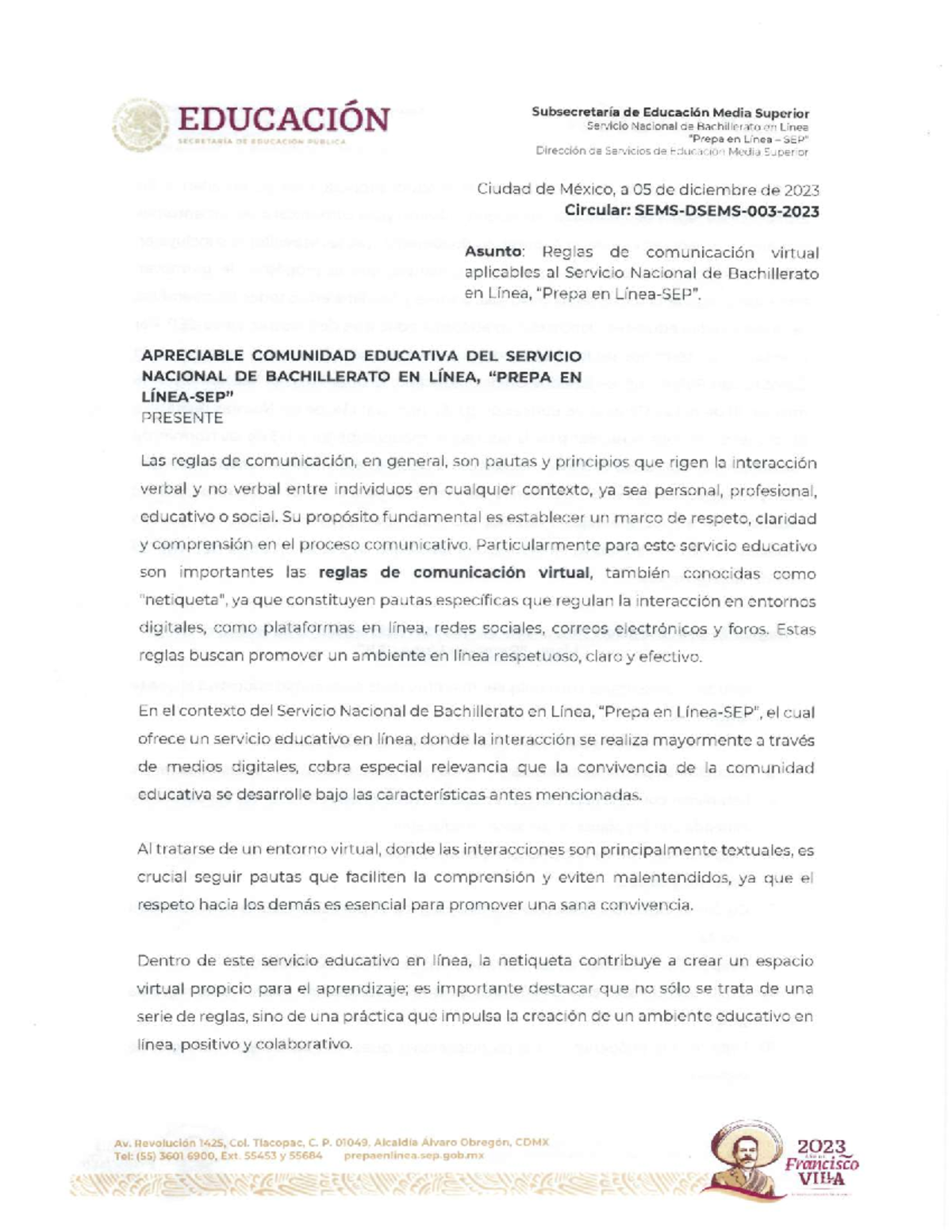 Circular SEMS-003-2023: Reglas de Comunicación Virtual en Línea - Studocu