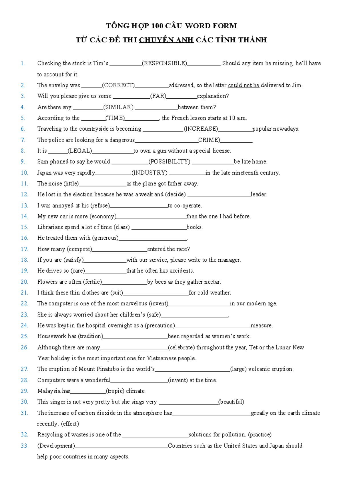 TỔNG HỢP 100 CÂU WORD FORM CHO ĐỀ THI CHUYÊN ANH - Studocu
