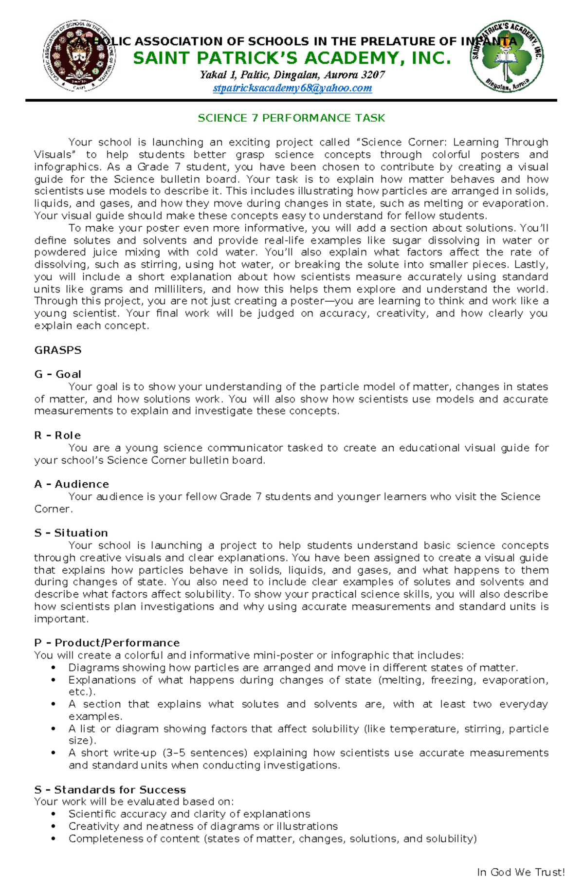 Q1 - Grade 7 Science Performance Task: Understanding Matter & Solutions ...