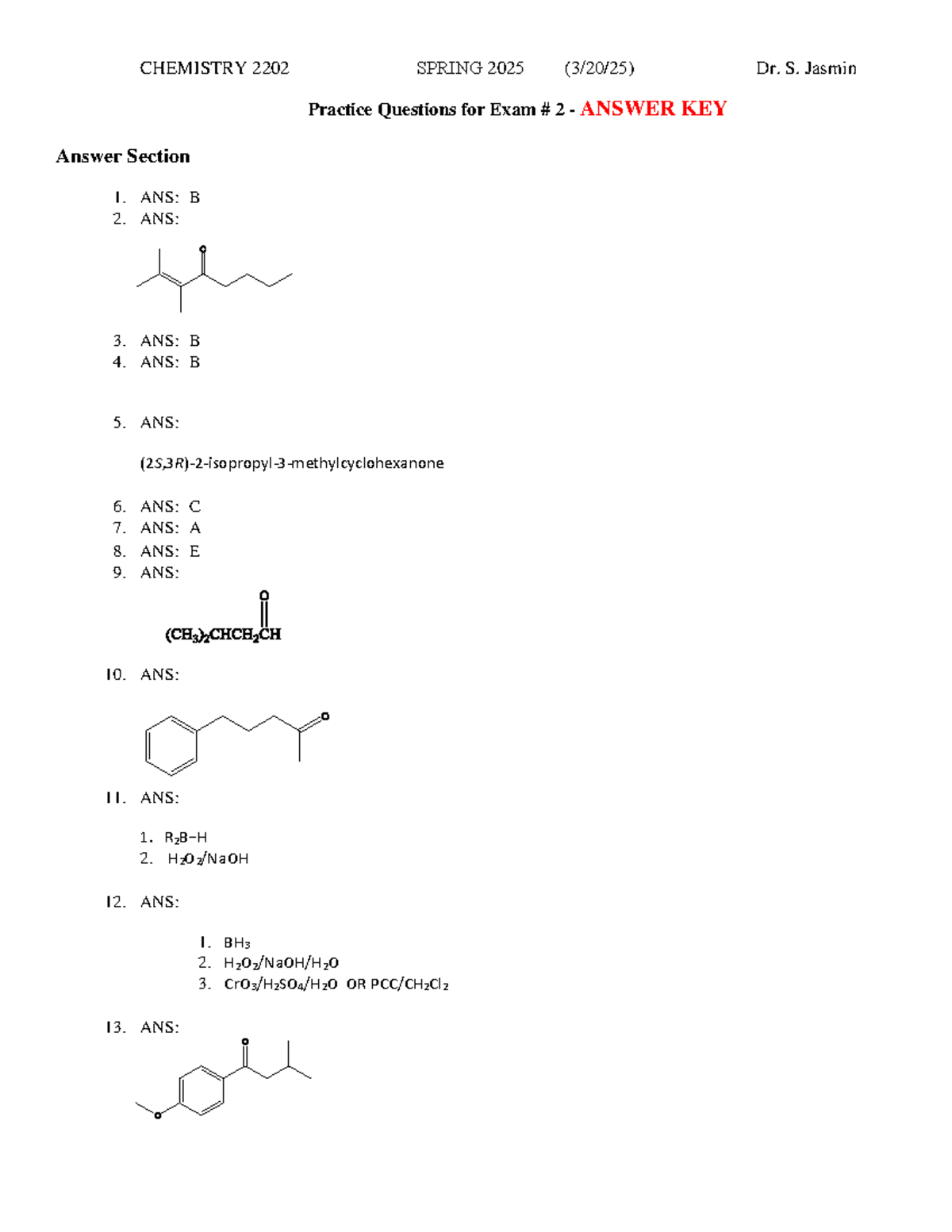 CHEM 2202 Spring 2025 Practice Questions for Exam 2 - Answer Key - Studocu