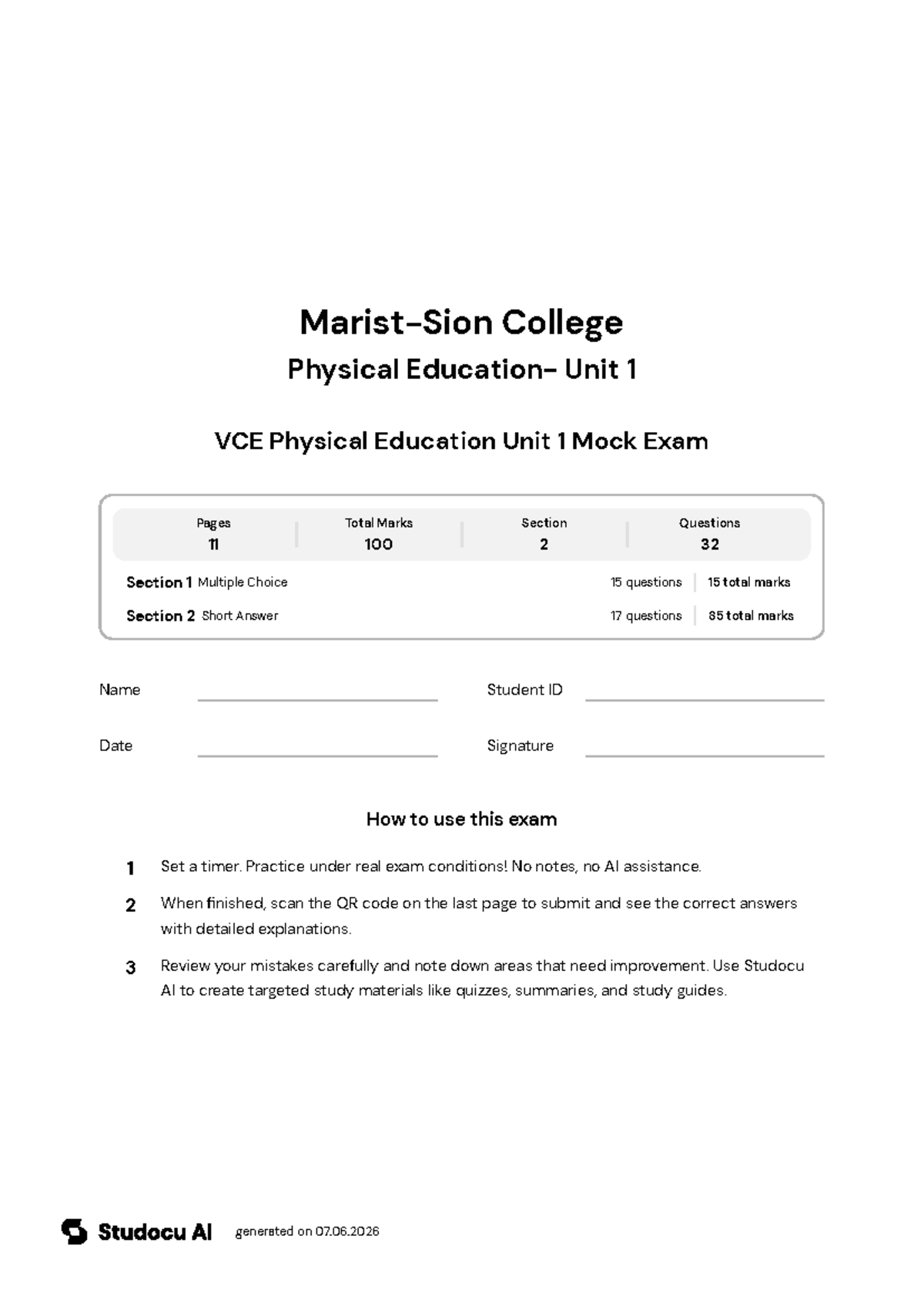 VCE Physical Education Unit 1 Mock Exam - Studocu