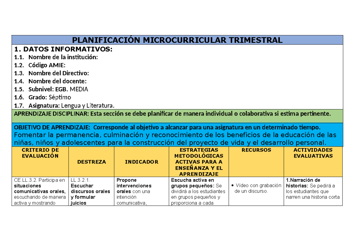 Planificación Microcurricular Trimestral EGB 7 - Lengua y Literatura - Studocu