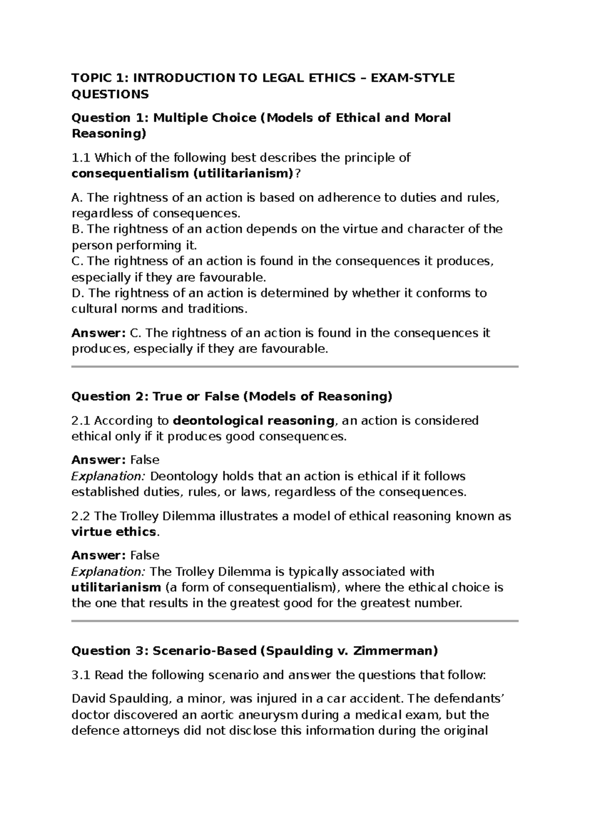 TOPIC 1: INTRODUCTION TO LEGAL ETHICS MULTIPLE CHOICE & TRUE/FALSE ...