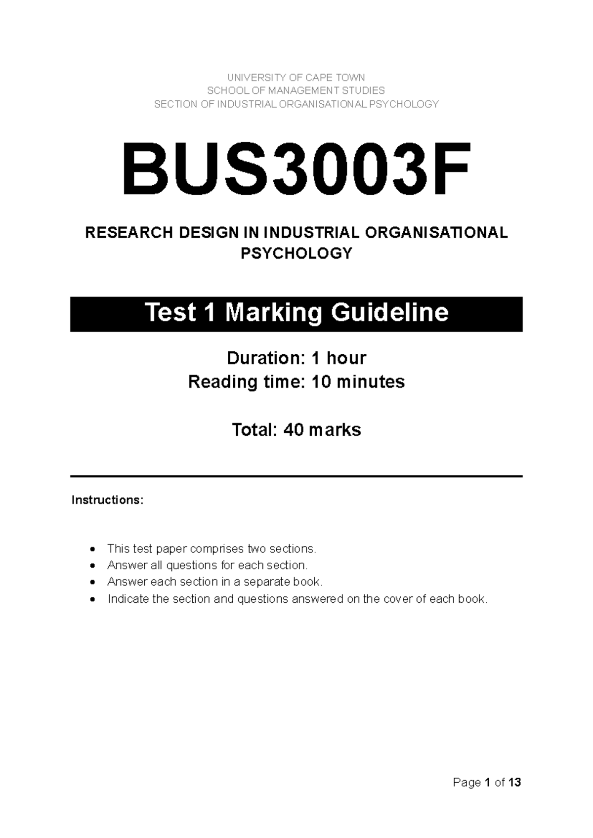 BUS3003F Test 1 Marking Guidelines for Research Design in IOP - Studocu