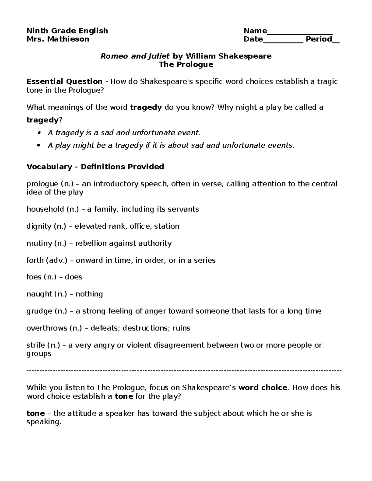 Romeo and Juliet - The Prologue - Key - Ninth Grade English Name ...