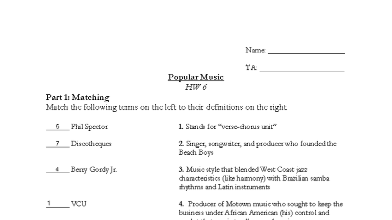 Popular Music HW 6 - Matching & Aural Analysis Guide - Studocu