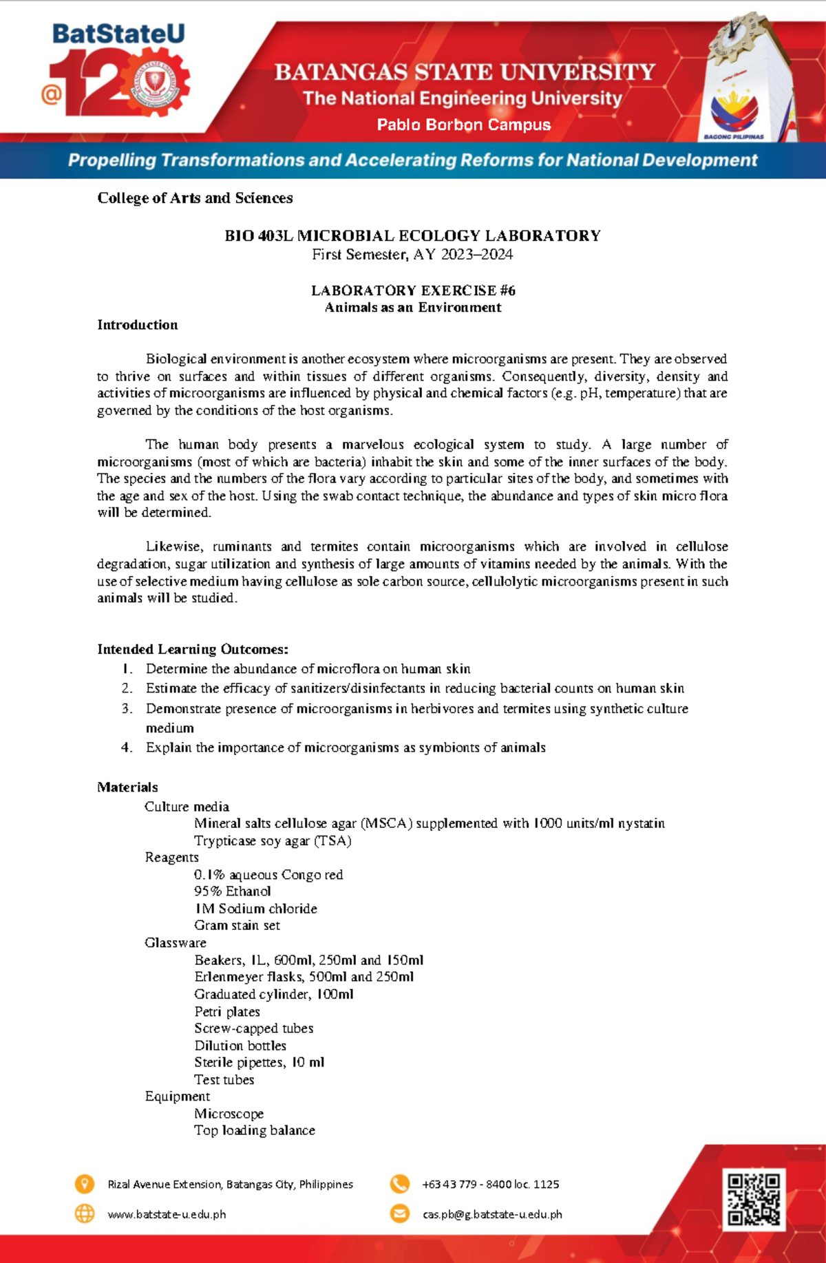 BIO 403L Laboratory Exercise 6-10 POST LAB - College of Arts and ...