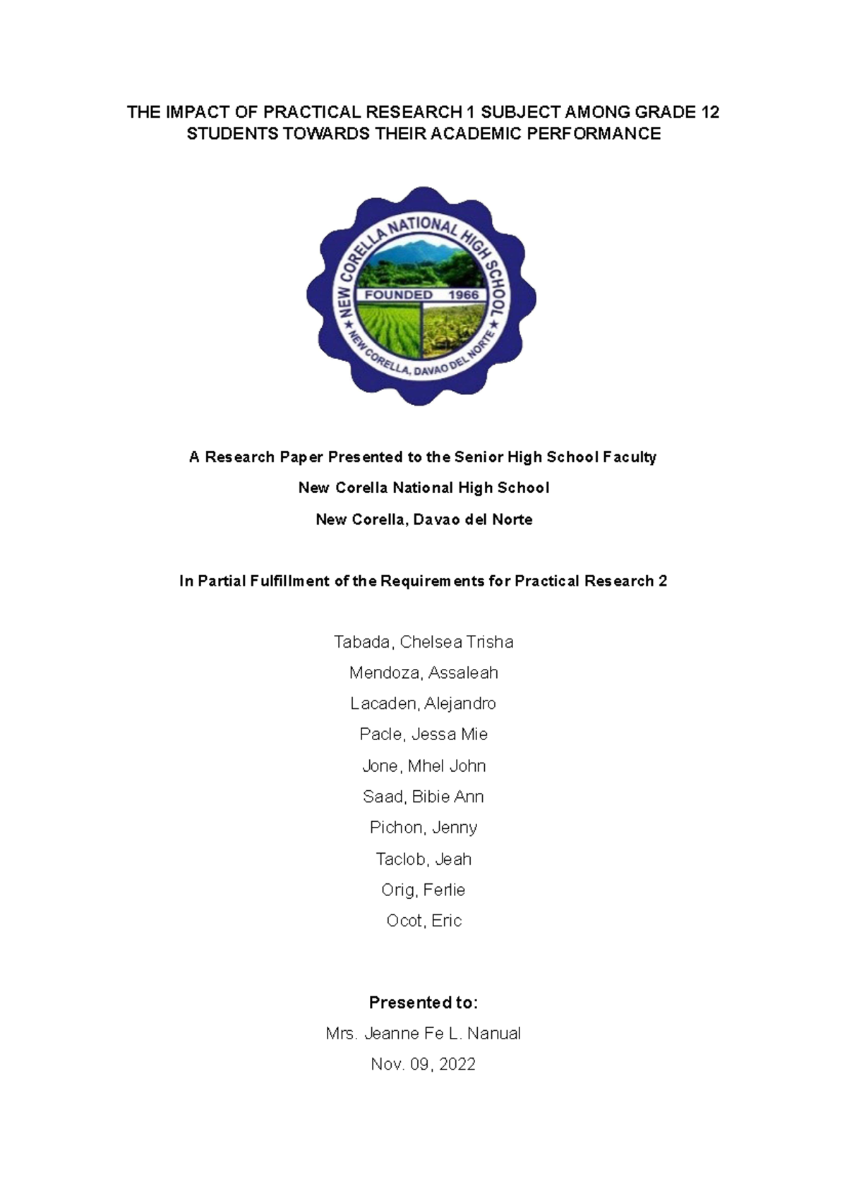 Impact of Practical Research 1 on Grade 12 Students' Academic ...