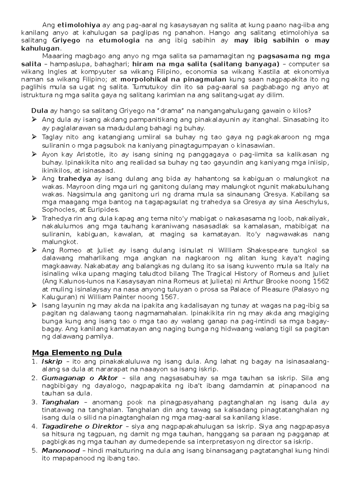 DULA- Aralin sa Etimolohiya at mga Elemento ng Dula - Studocu