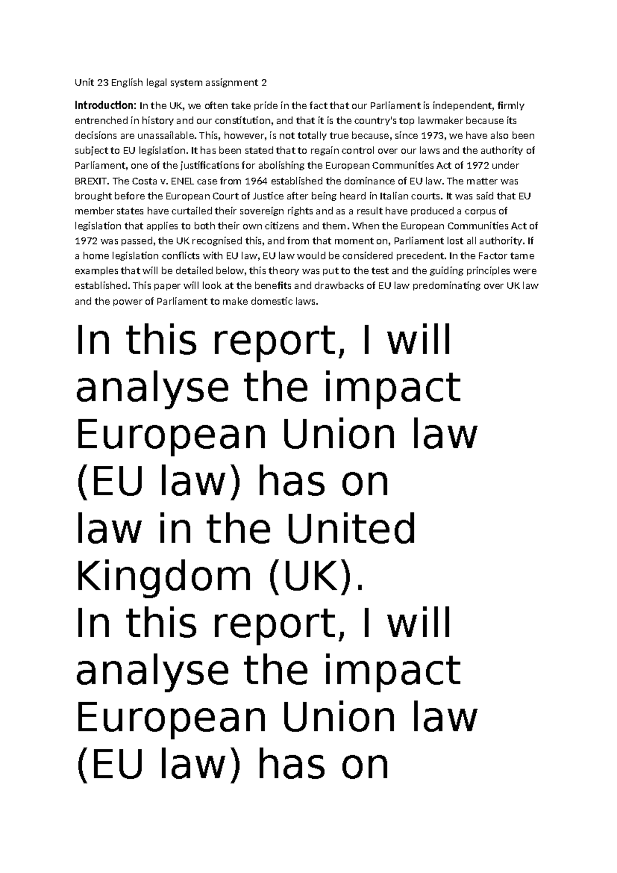 Unit 23 Assignment 2: Analyzing EU Law Impact on UK Legal System - Studocu