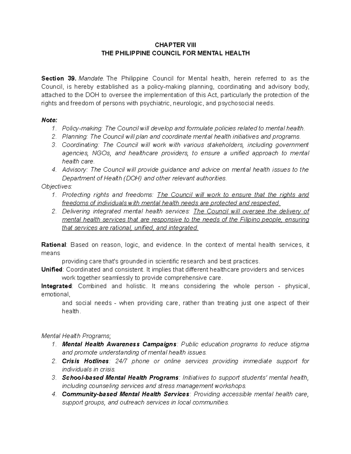 CHAPTER: The Philippine Council for Mental Health - Key Mandates and ...