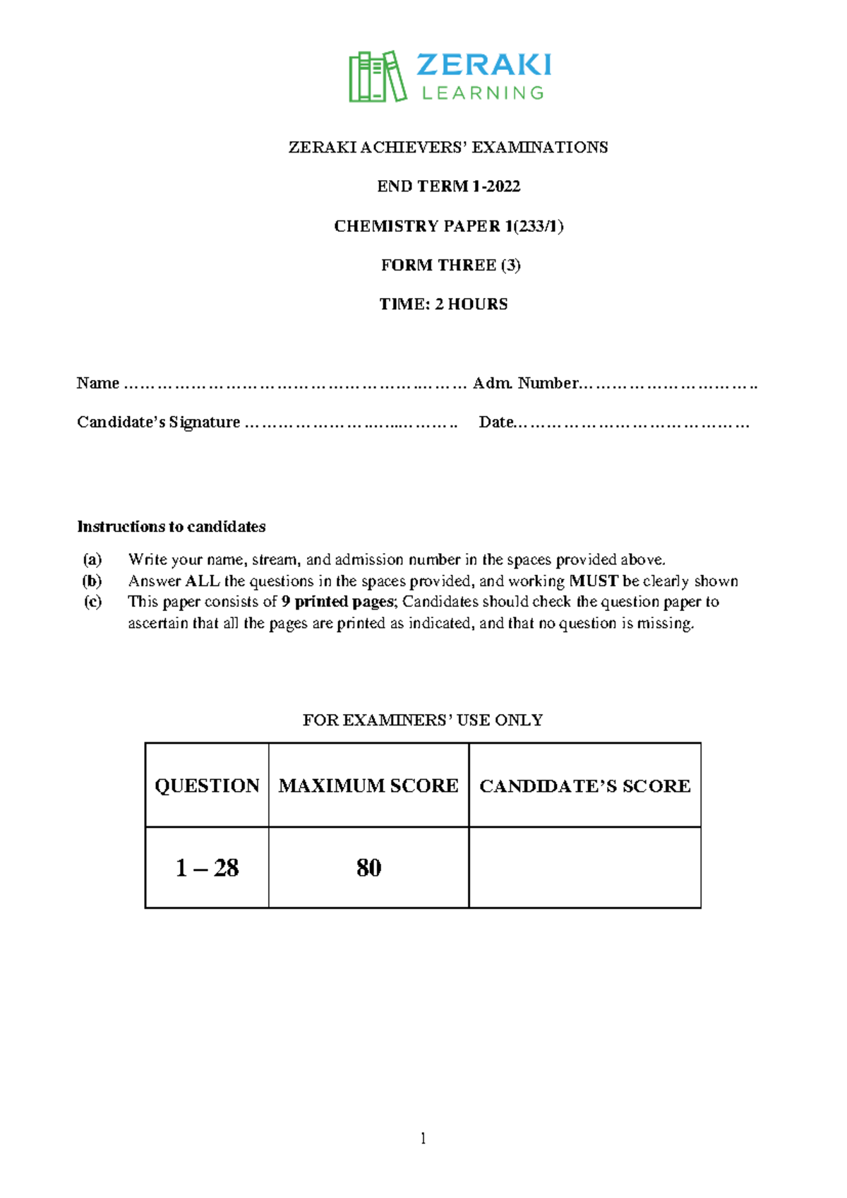 Chemistry Form 3 Paper 1 - End Term 1 Examination Questions - Studocu