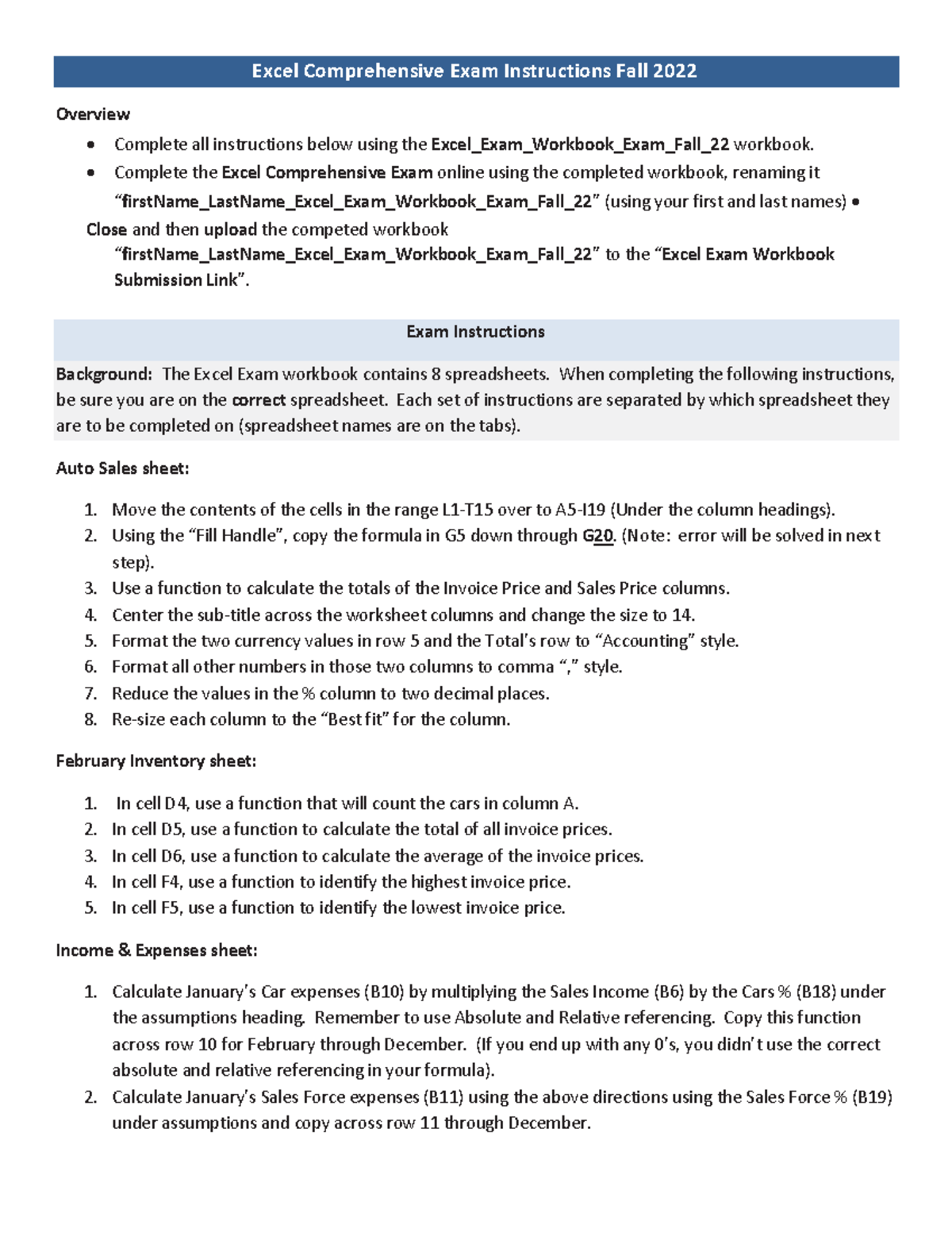 Excelcomprehensiveexaminstructionsfall2022 Download Excel Comprehensive Exam Instructions