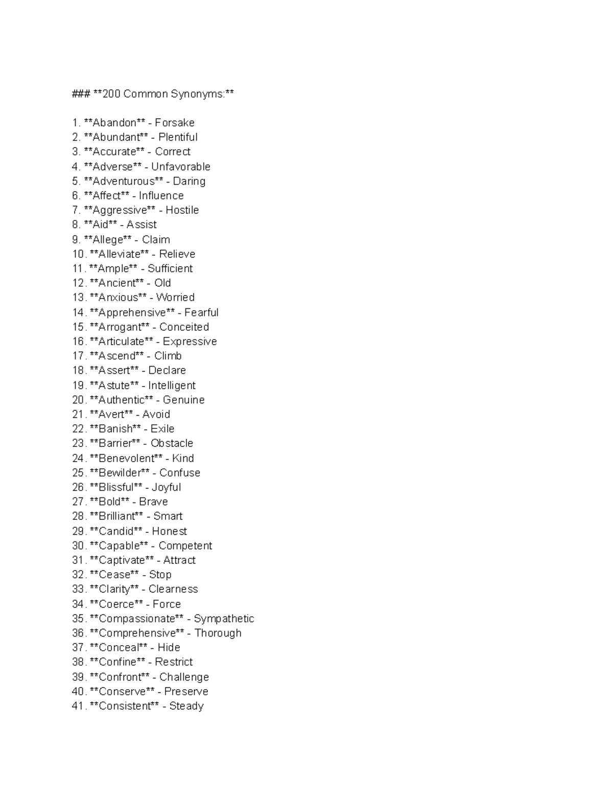 Synonyms and antonyms - Summary English - 200 Common Synonyms: Abandon ...