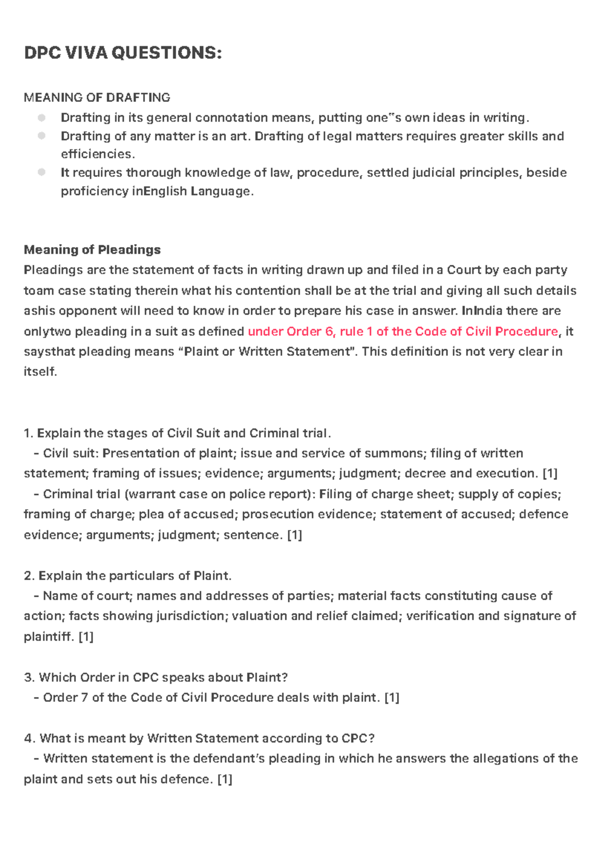 DPC VIVA QUESTIONS: DRAFTING & PLEADINGS IN CIVIL PROCEDURE - Studocu