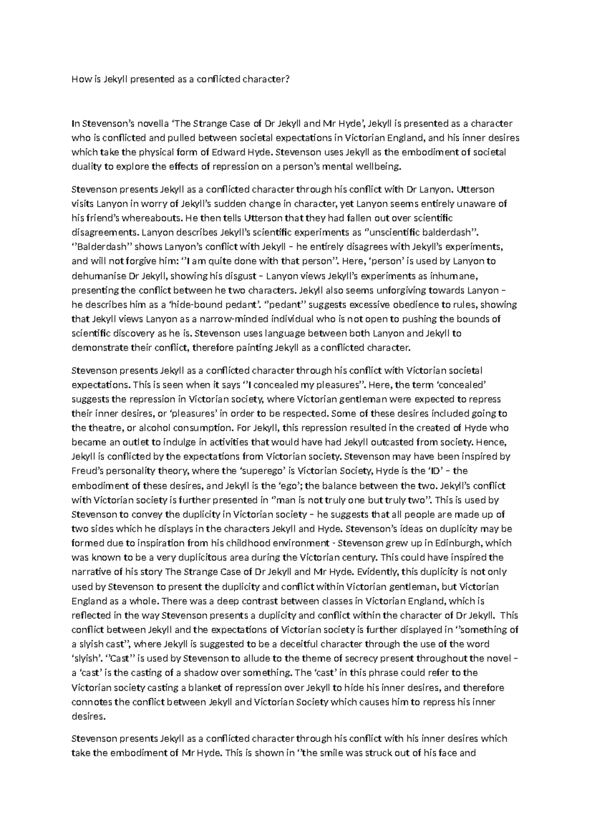 Essays on Hyde's Presentation in Jekyll and Hyde - GCSE Analysis - Studocu
