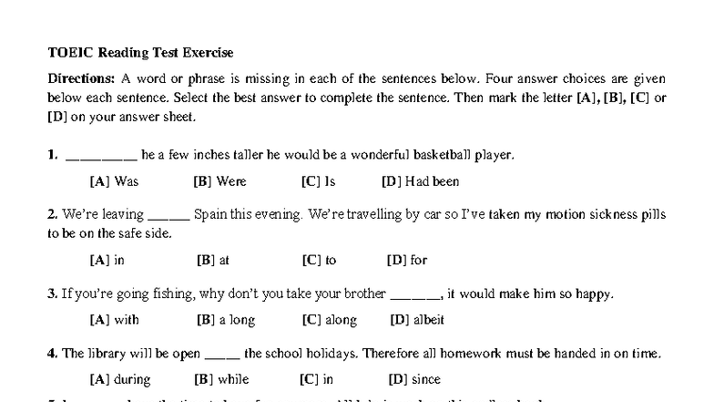 TOEIC Reading Test Exercise II: Sentence Completion Practice - Studocu