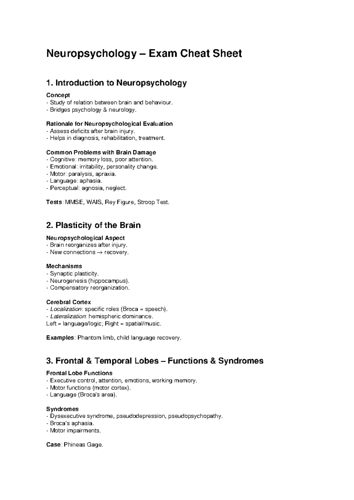 Neuropsychology Exam Cheat Sheet: Key Concepts & Brain Functions - Studocu