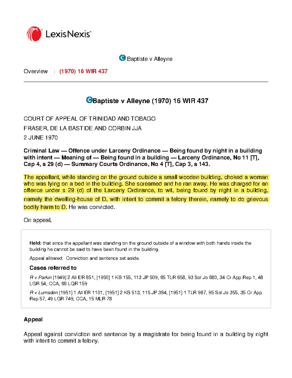 Baptiste v Alleyne (1970) 16 WIR 437 - Appeal on Larceny Offense ...