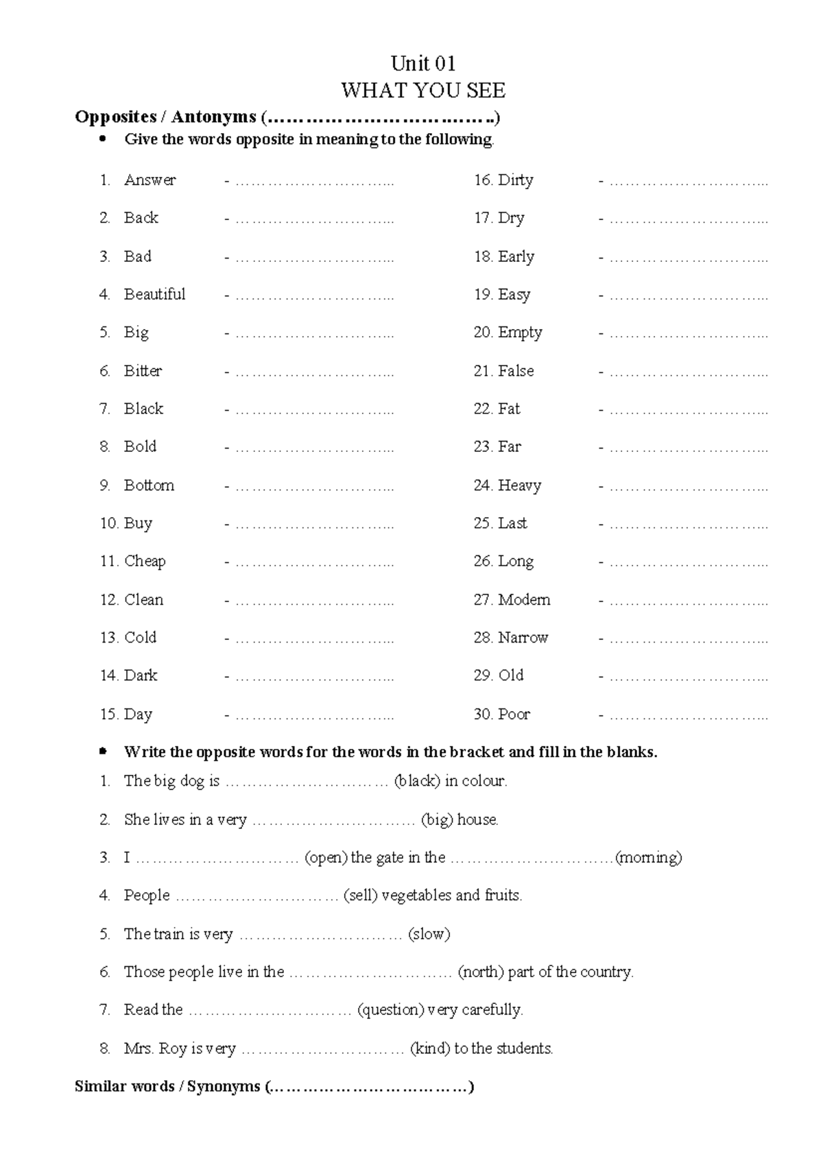 Unit 01: Opposites and Antonyms - Model Tests for Vocabulary - Studocu