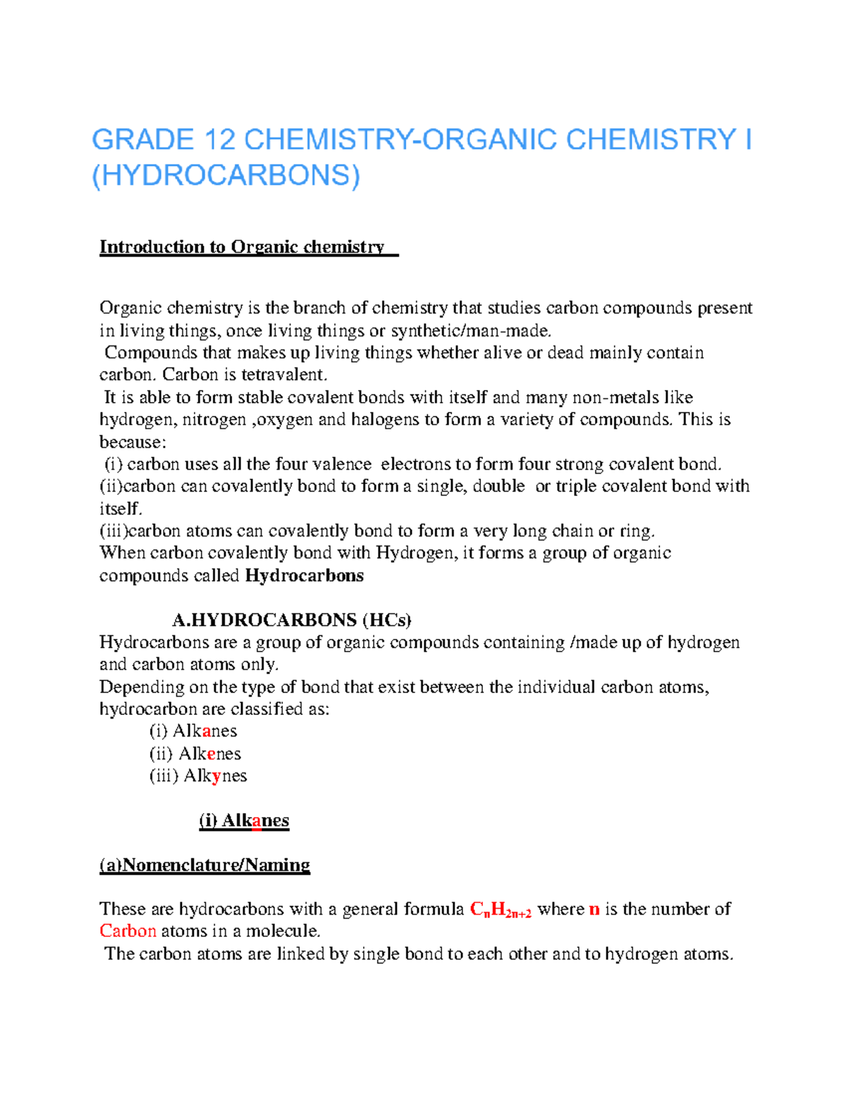Grade 12 Chemistry: Organic Chemistry I ( Hydrocarbons) - Studocu