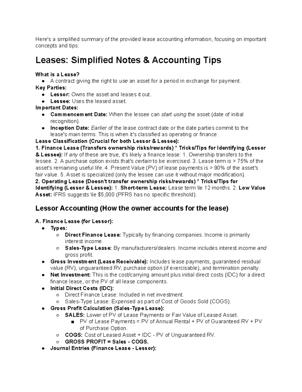 Leases: Simplified Accounting Notes (ACCT 101) - Studocu