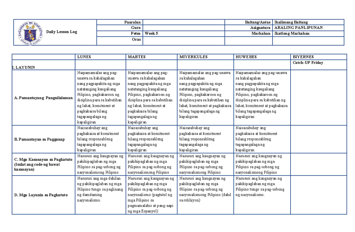 DLL WEEK 5-Q3 AP 5 - DLL - Daily Lesson Log Paaralan Baitang/Antas ...