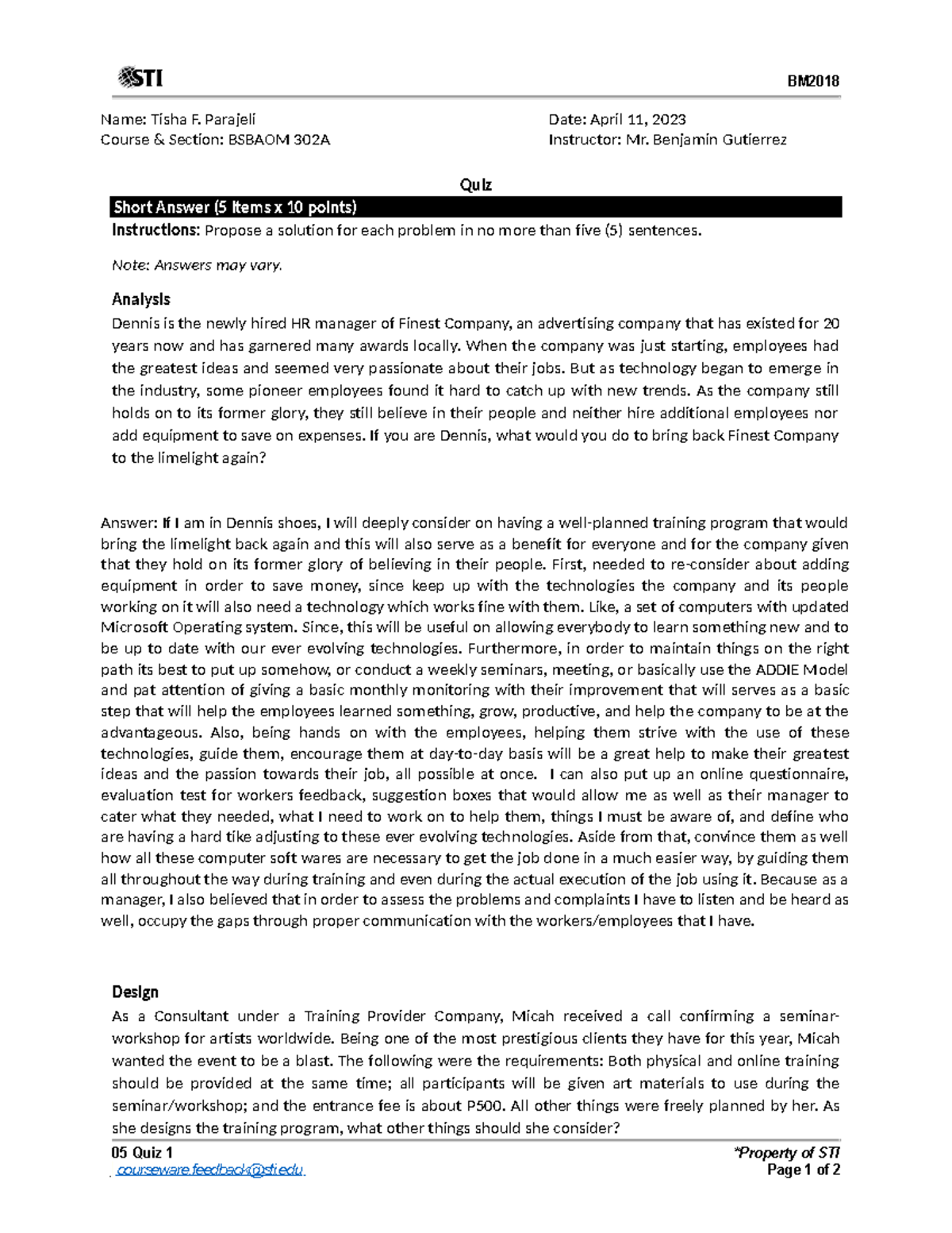 05 Quiz 1 - HRM Solutions & Training Strategies - BSBAOM 302A - Studocu