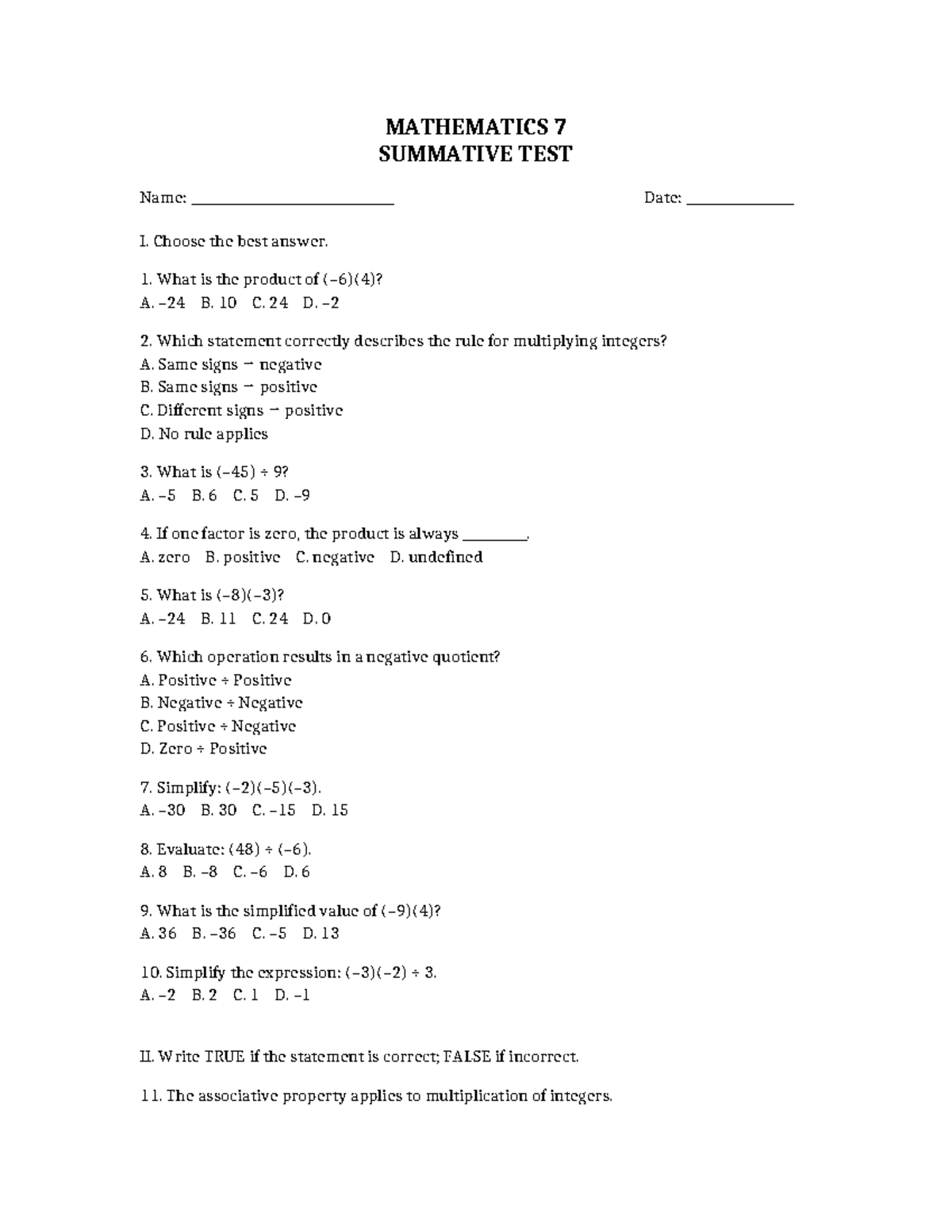 Mathematics 7 Summative Test Q3 ST2: Integer Operations & Properties ...