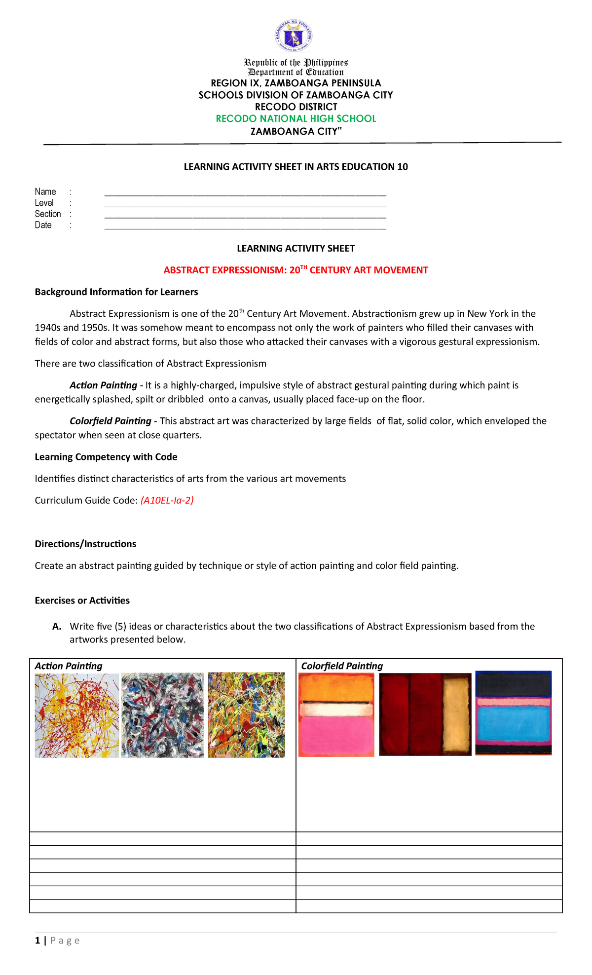 ARTS10 (LAS) - Learning Activity Sheet on Abstract Expressionism - Studocu