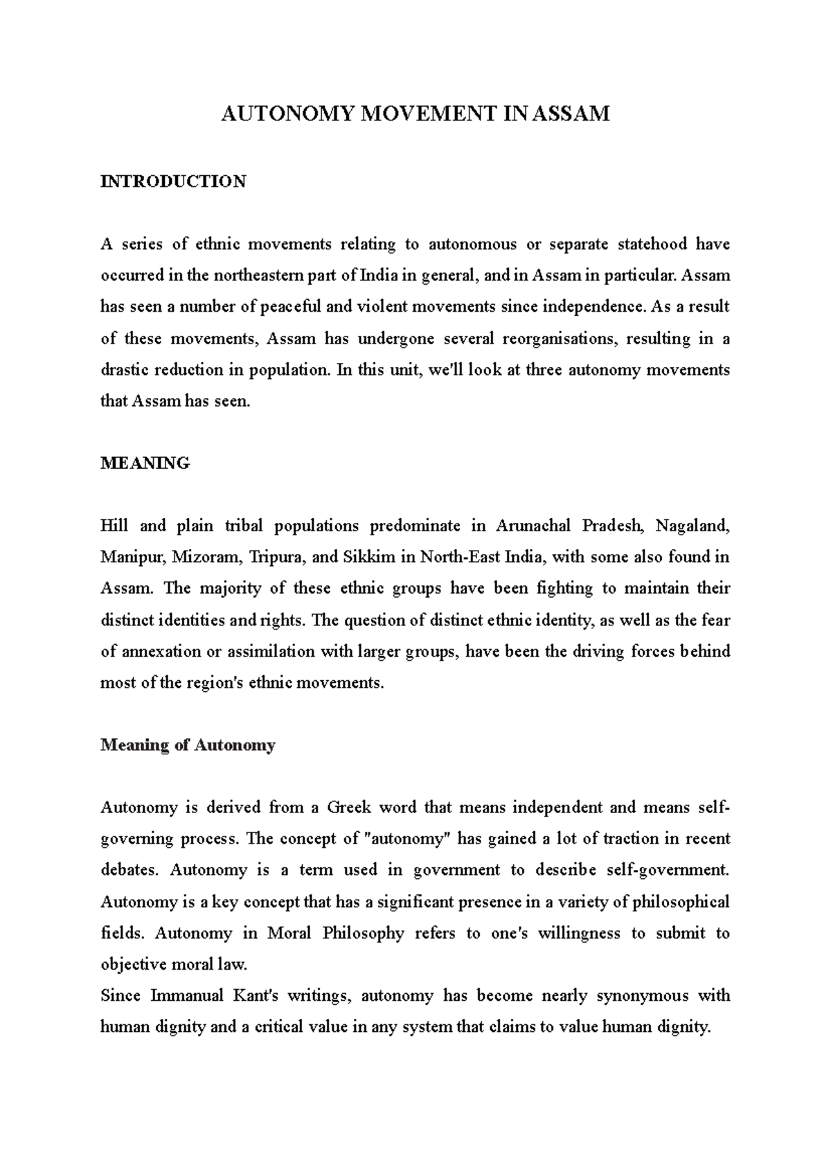 Autonomy Movements in Assam: Bodo, Kamatapur, and Karbi Movts - Studocu
