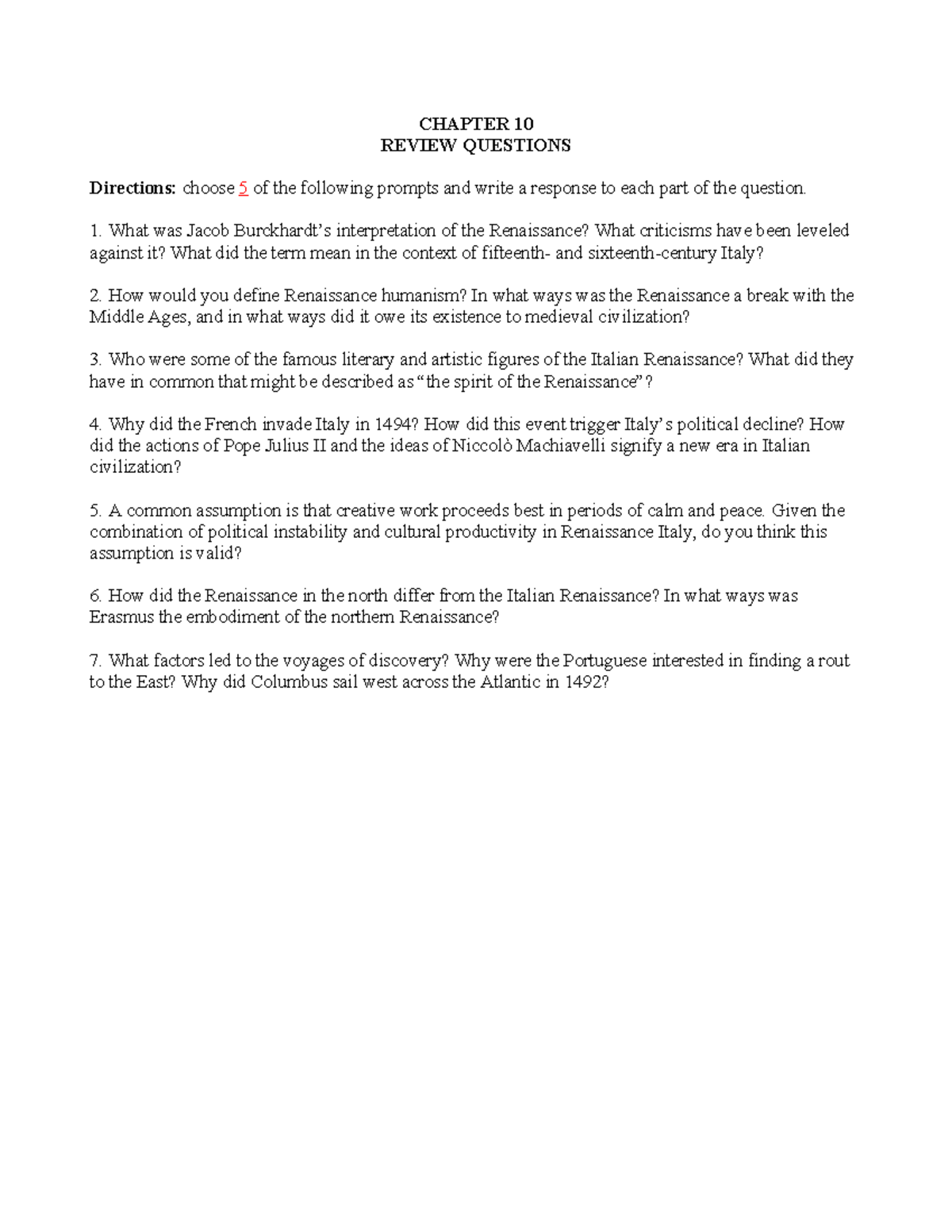 Ch 10 Review Questions: Renaissance Interpretations & Impacts - Studocu