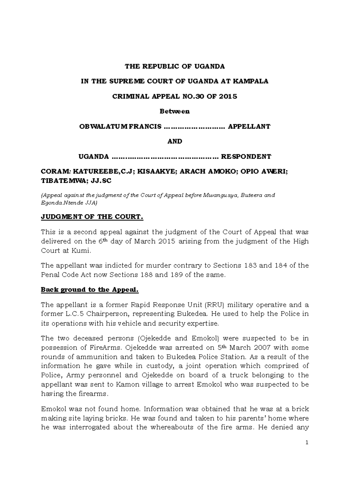 Obwalatum v Uganda: Supreme Court Criminal Appeal No. 30 of 2015 ...