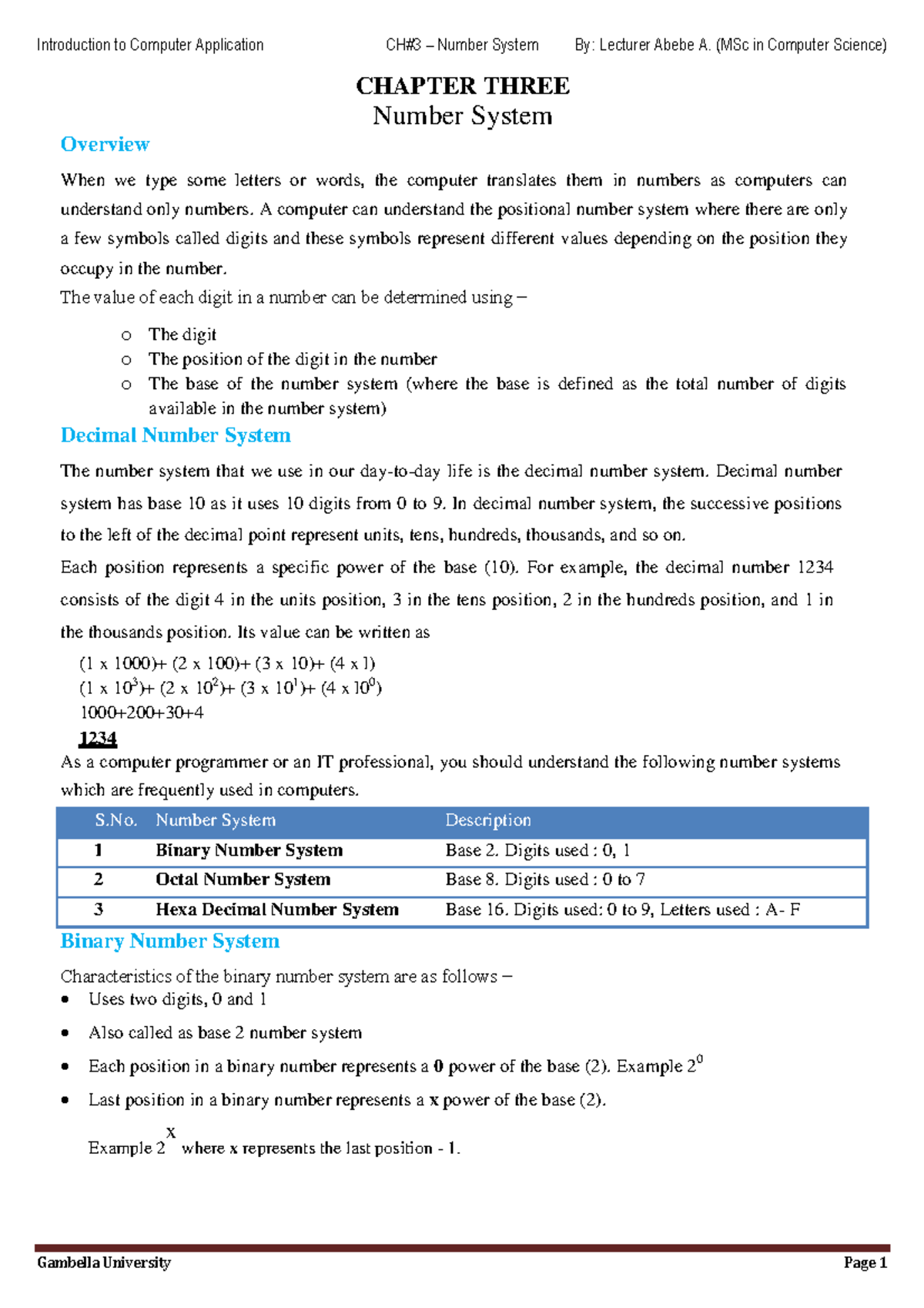 Computer Applications – Chapter 3: Overview of Number Systems - Studocu