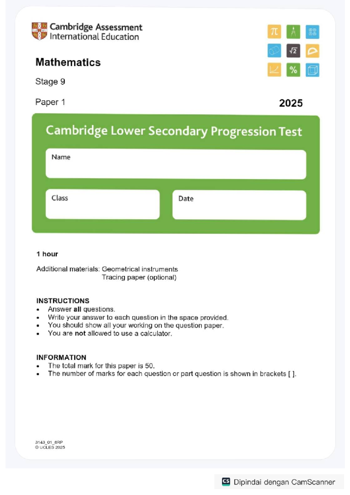 Math Stage 9 Progression Test Paper 1 - 2025 (Cambridge) - Studocu