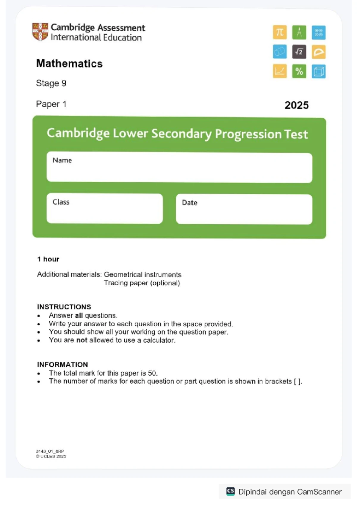 Stage 7 Mathematics Progression Test (2024) - Paper 1 Answers - Studocu