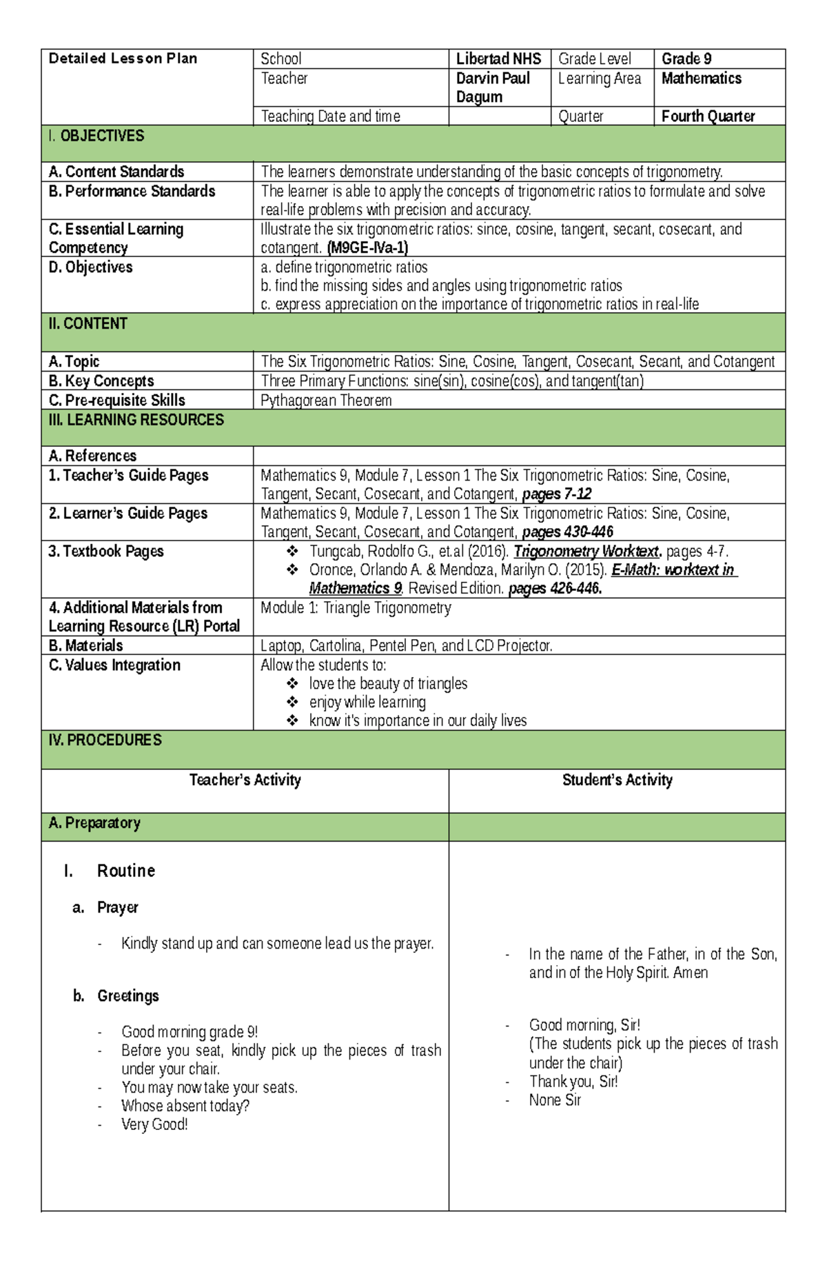 Detailed Lesson Plan for Mathematics 9 - Detailed Lesson Plan School ...