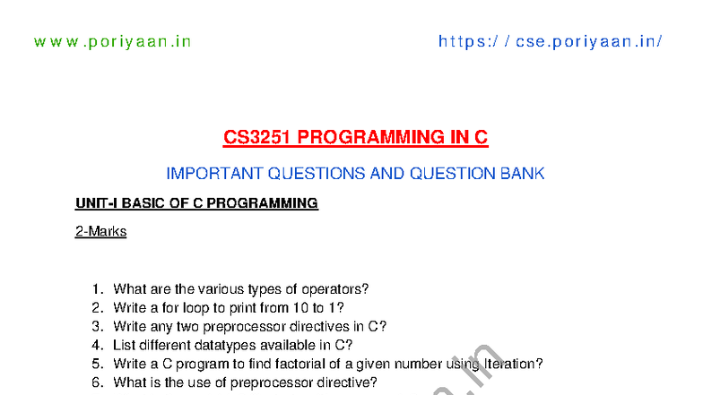 CS3251 C Programming Important Questions & Question Bank - Studocu