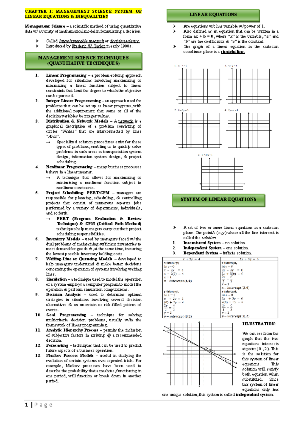CH01 Management Science: Linear Equations & Inequalities Overview - Studocu