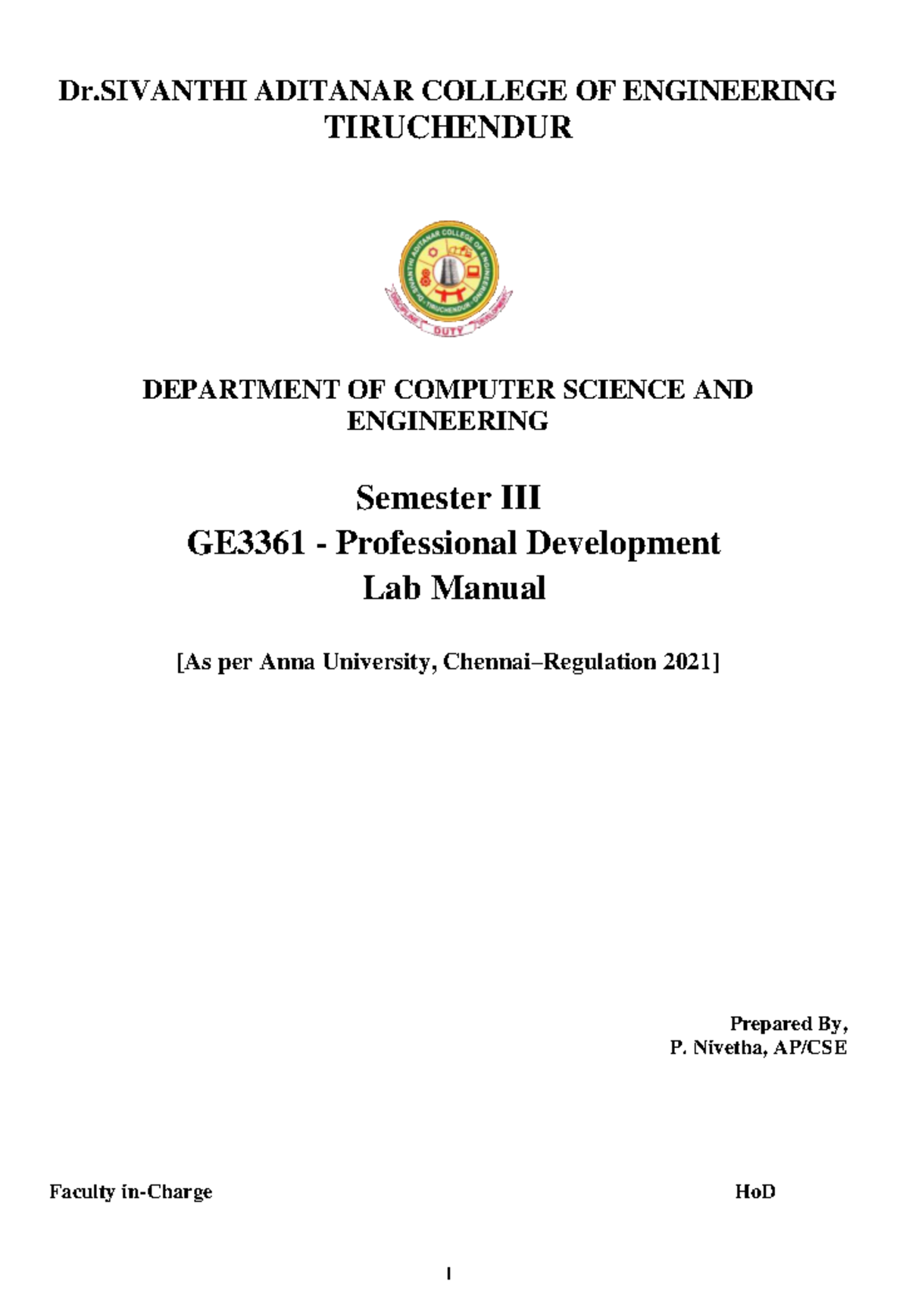 GE3361 Professional Development Lab Manual: MS Word & Excel Exercises ...