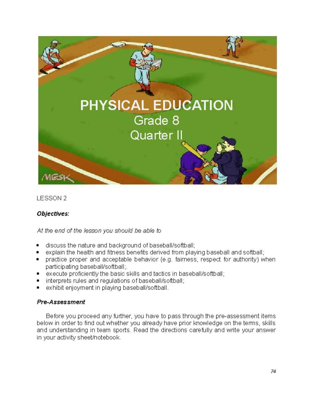PE Q2(2)-LM-Lesson 2: Exploring Baseball and Softball Skills - Studocu