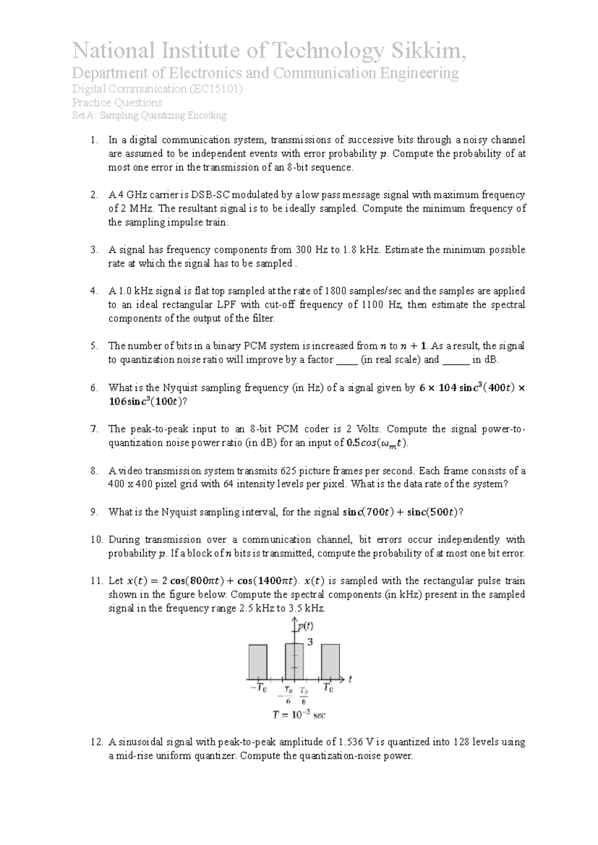 Digital Communication (EC15101) Practice Questions Set A: Sampling ...