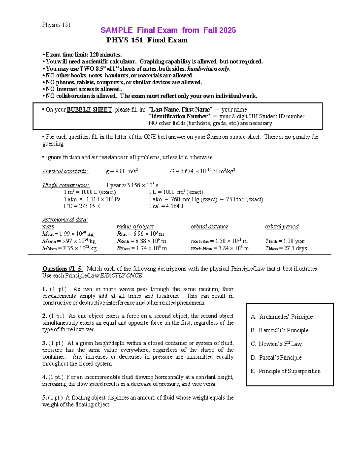 PHYS 151 Fall 2025 Sample Final Exam Questions - Studocu
