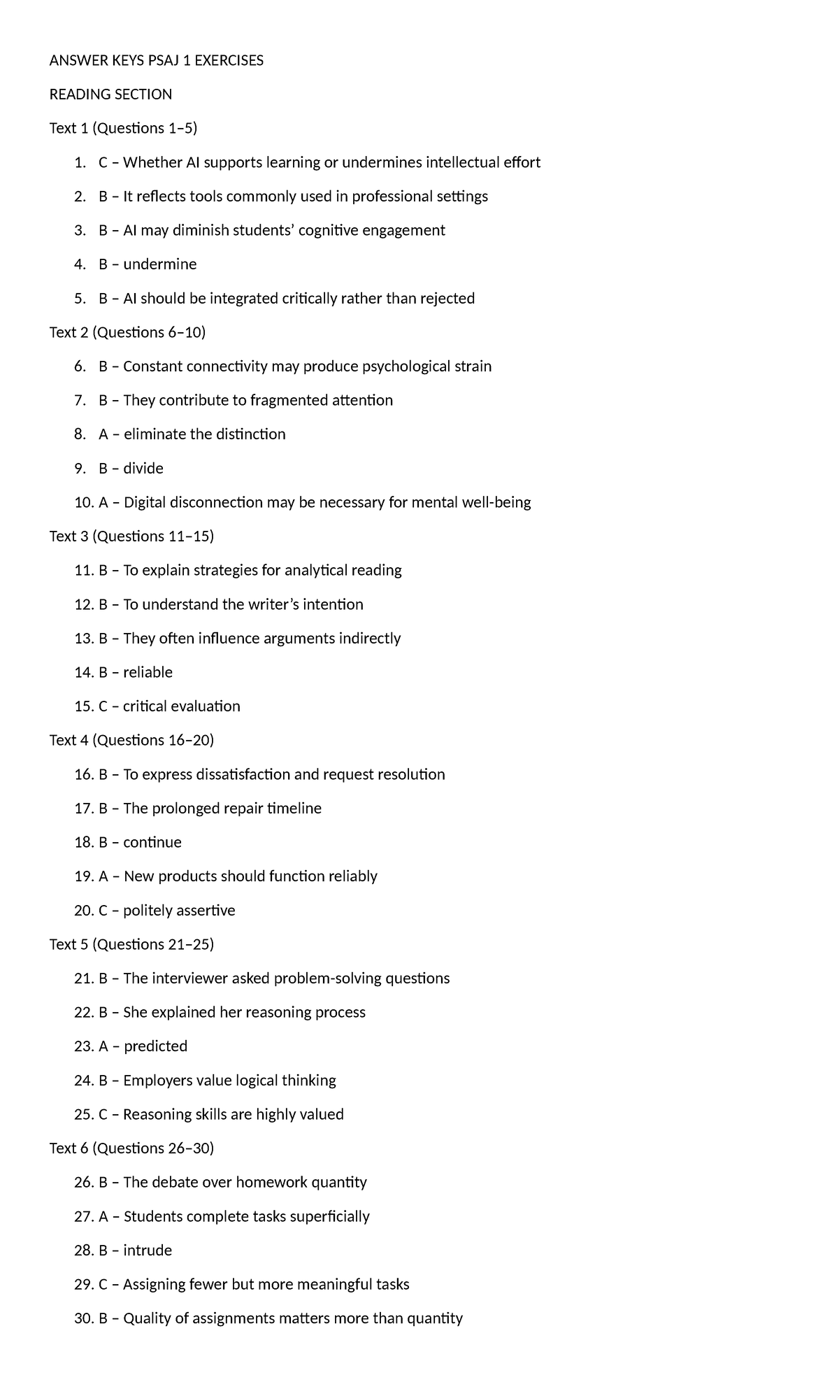 ANSWER KEYS PSAJ 1 READING & WRITING EXERCISES - Studocu